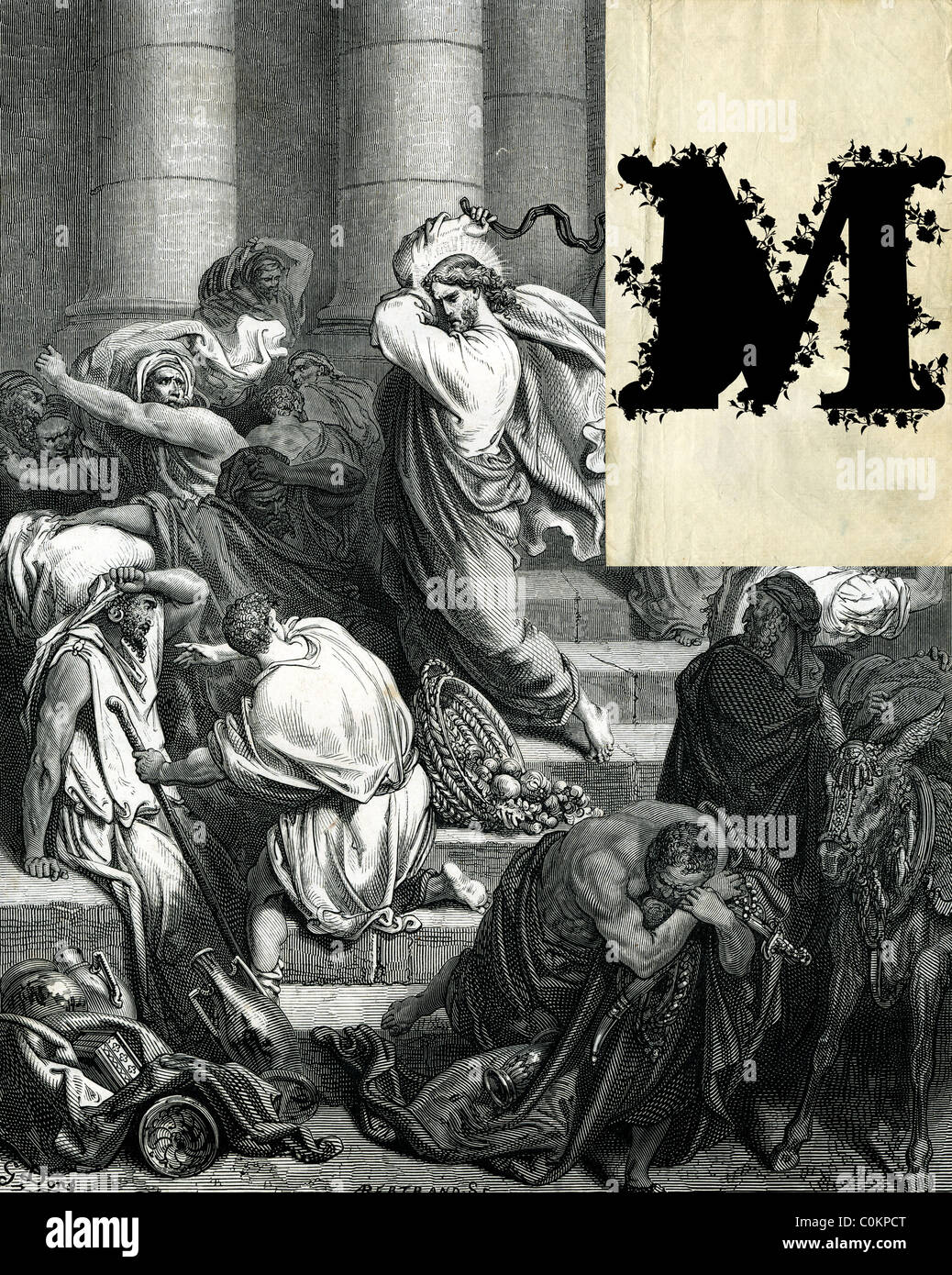 An initial letter M with Christ Expelling the Traders from the Temple ...