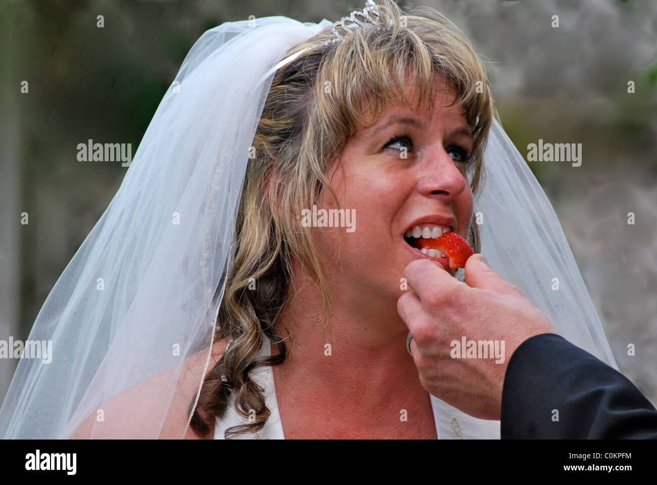 Groom feeds bride strawberry Stock Photo - Alamy
