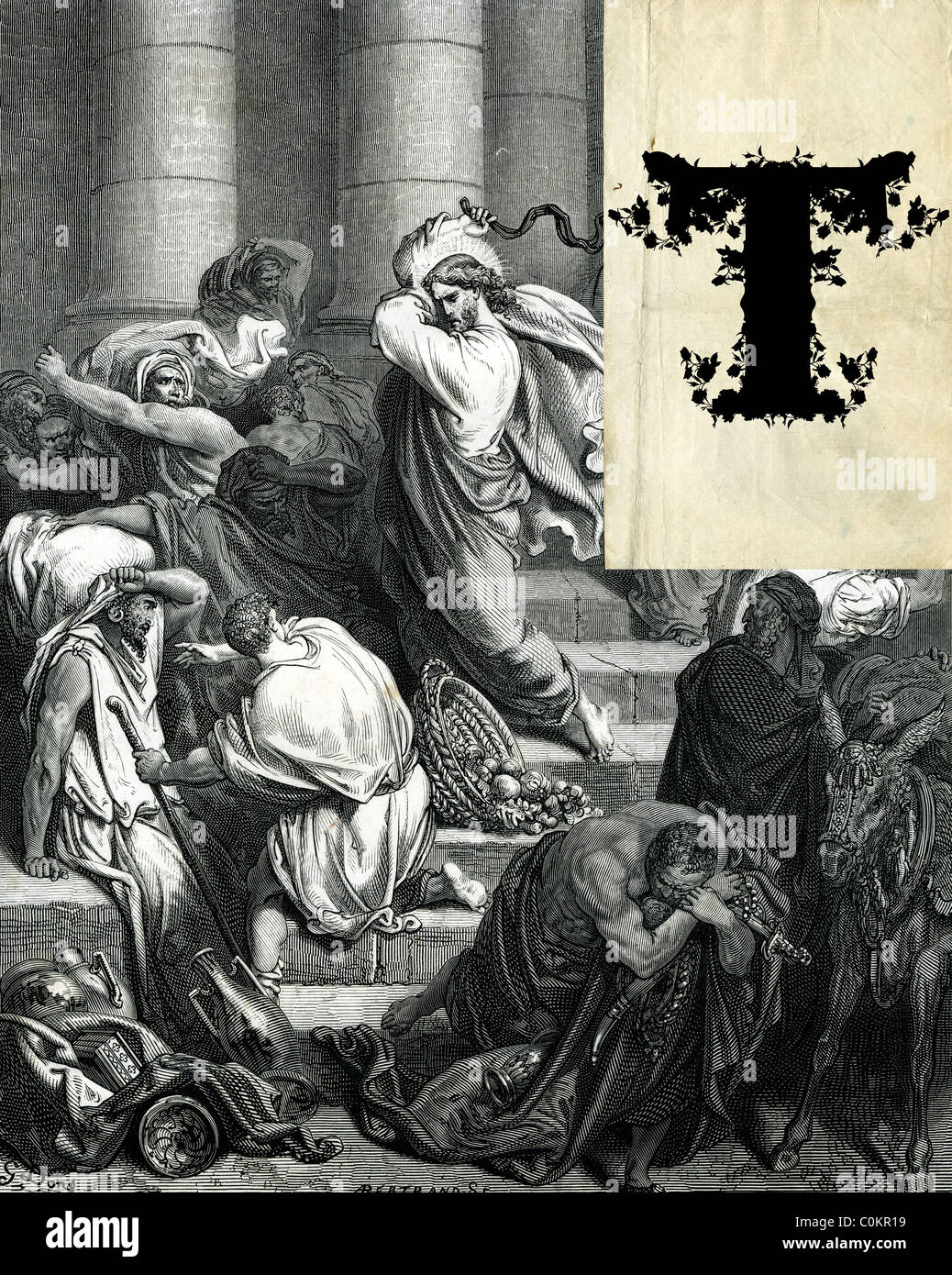 An initial letter T with Christ Expelling the Traders from the Temple ...