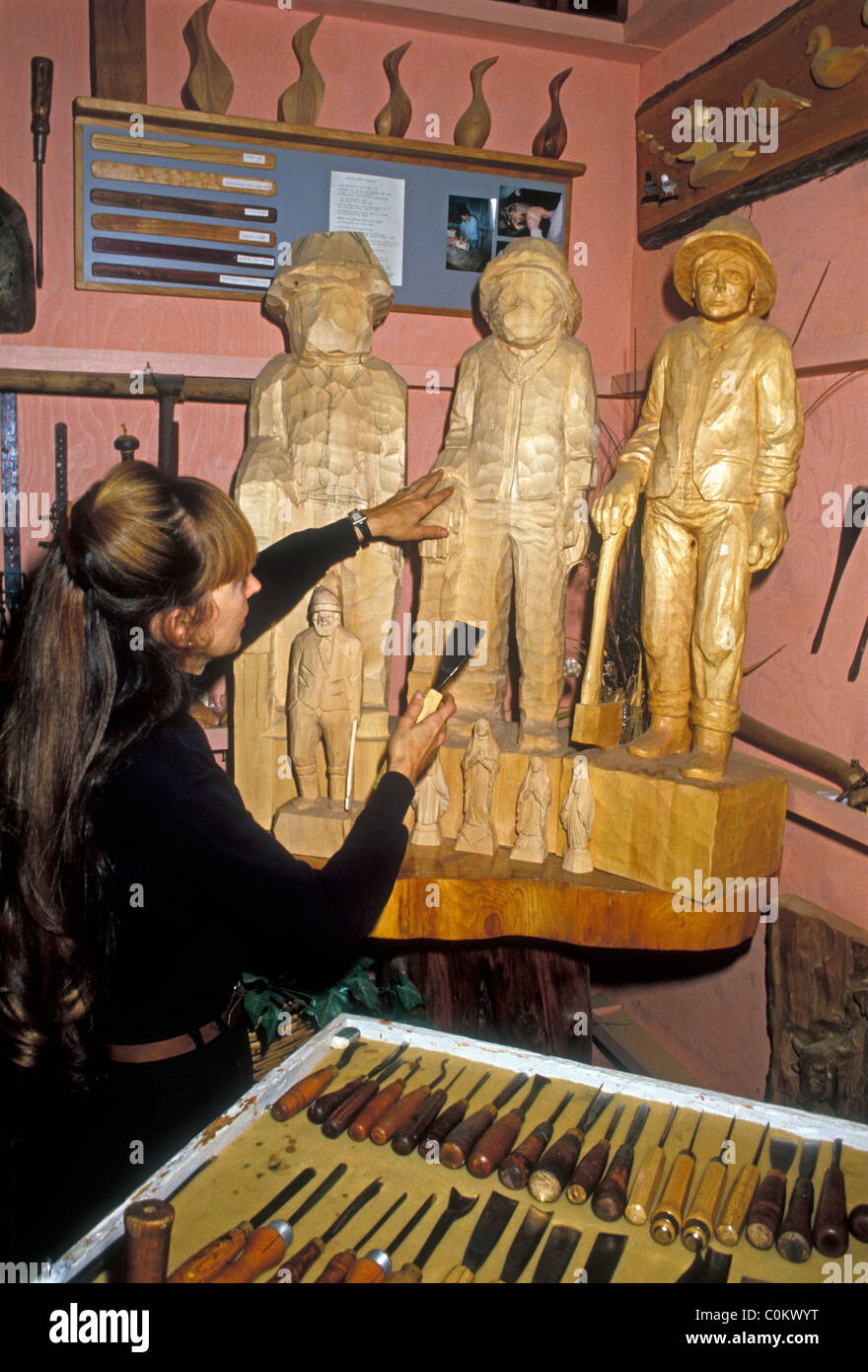 Canadian woman, woodworker, Atelier Pare Woodcarving Economuseum, town ...