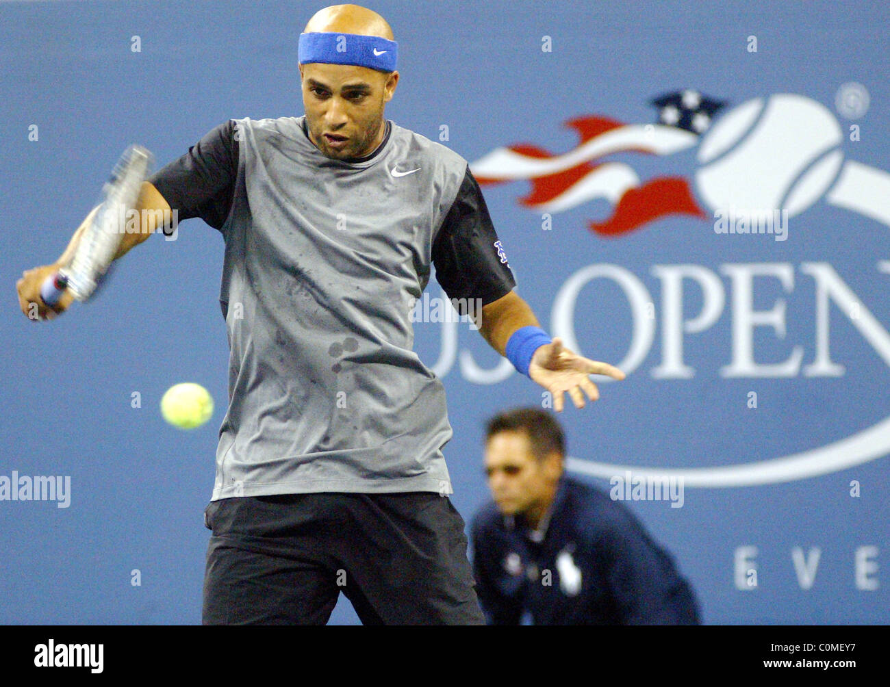 James Blake plays a stroke in the first round of the 2008 US Tennis ...
