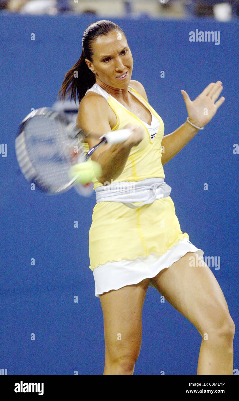 Jelena Jankovic plays a stroke in her first round match of the 2008 US ...