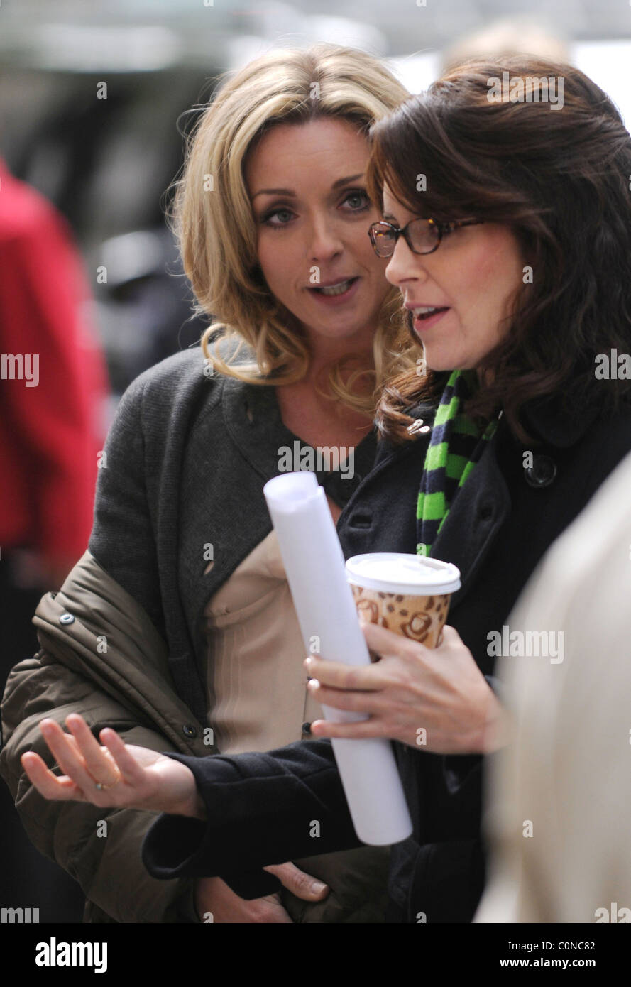 Jane Krakowski and Tina Fey on the film set of "30 Rock" at the ...