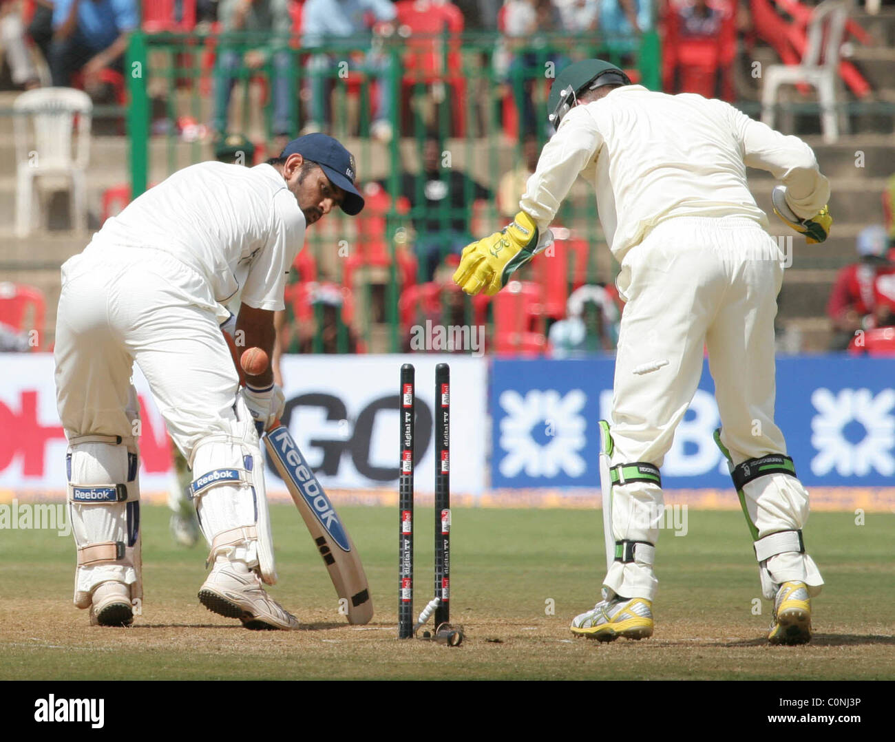 Indian Cricketer Mahendra Singh Dhoni being bowled by Australian ...