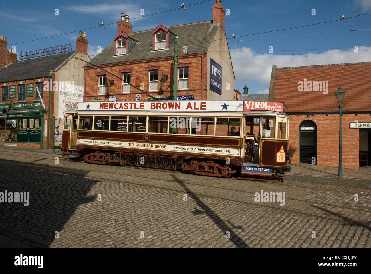 DURHAM; BEAMISH MUSEUM; 1913 TRAM IN 1913 TOWN Stock Photo - Alamy