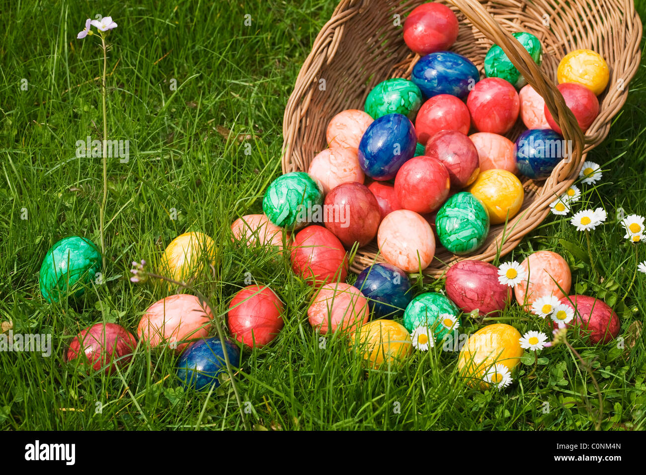 Basket full of Easter eggs in grass Stock Photo - Alamy