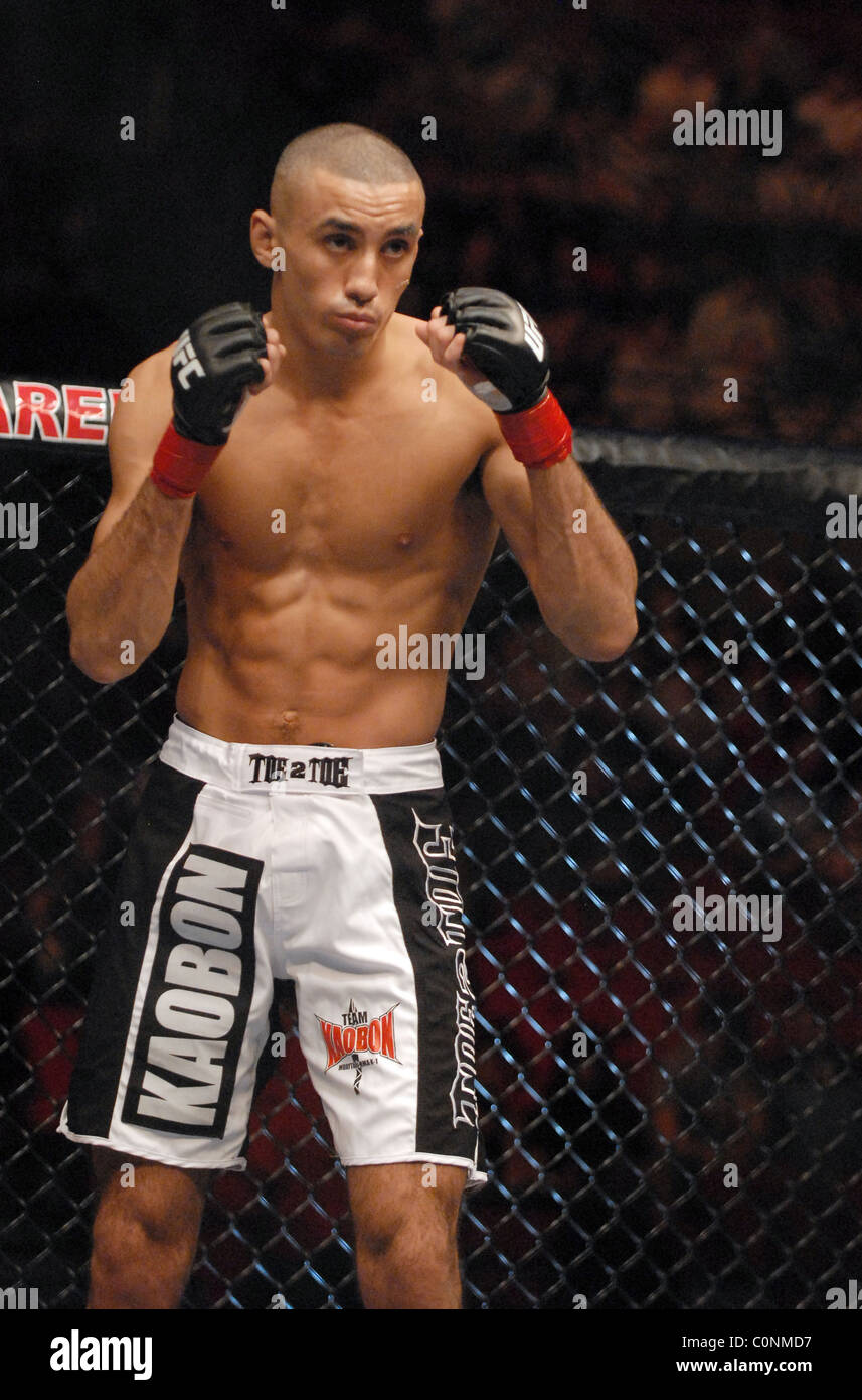 Fighters Terry Etim from Liverpool, who won his fight with Sam Stout ...