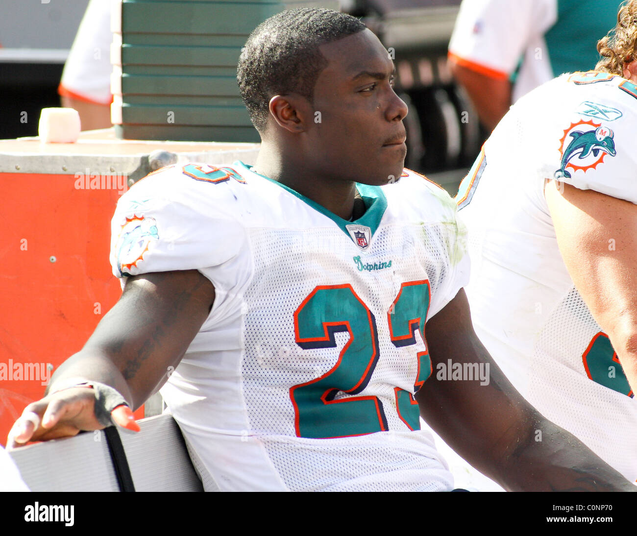 Ronnie Brown of the Miami Dolphins looks on as the Baltimore Ravens ...
