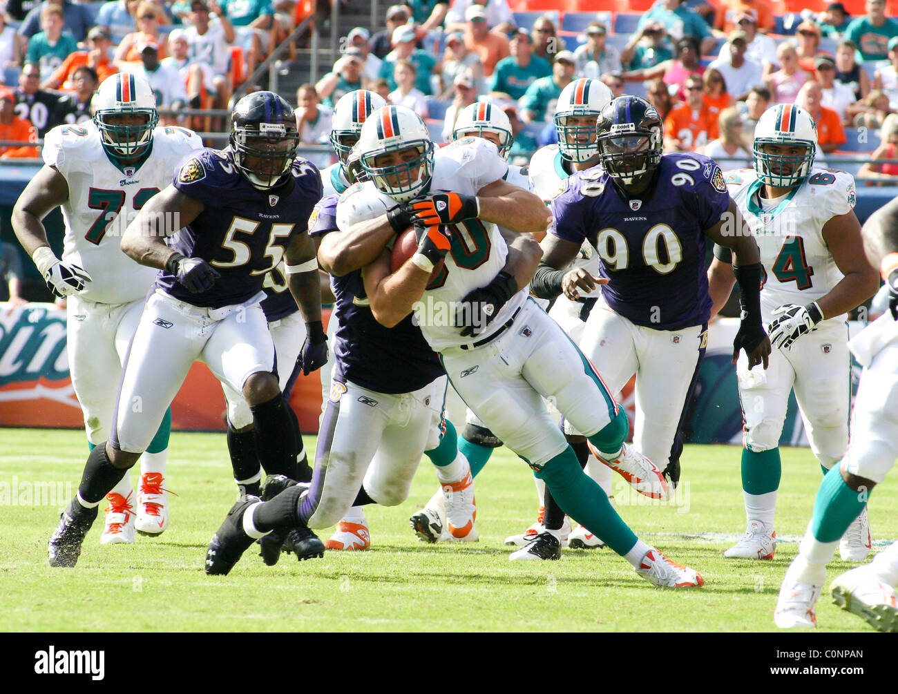 Anthony Fasano of the Miami Dolphins with the ball as the Baltimore ...