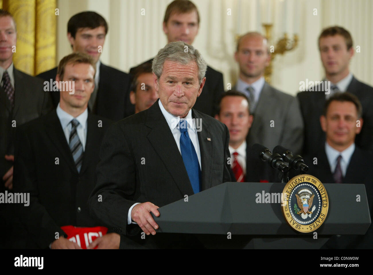 President George W. Bush at the 2008 NHL Stanley Cup Champion Detroit ...