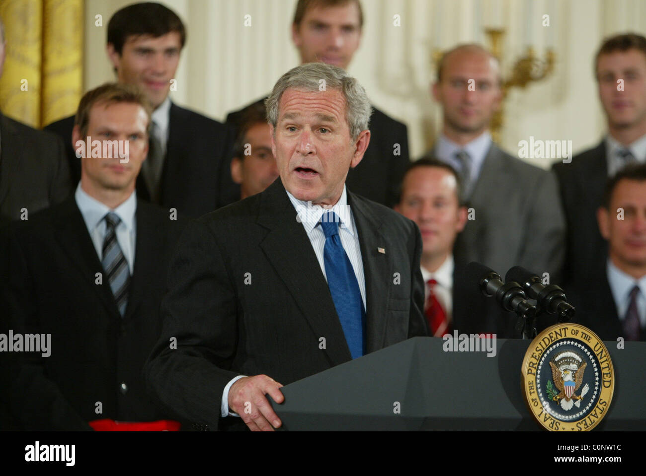 President George W. Bush at the 2008 NHL Stanley Cup Champion Detroit ...
