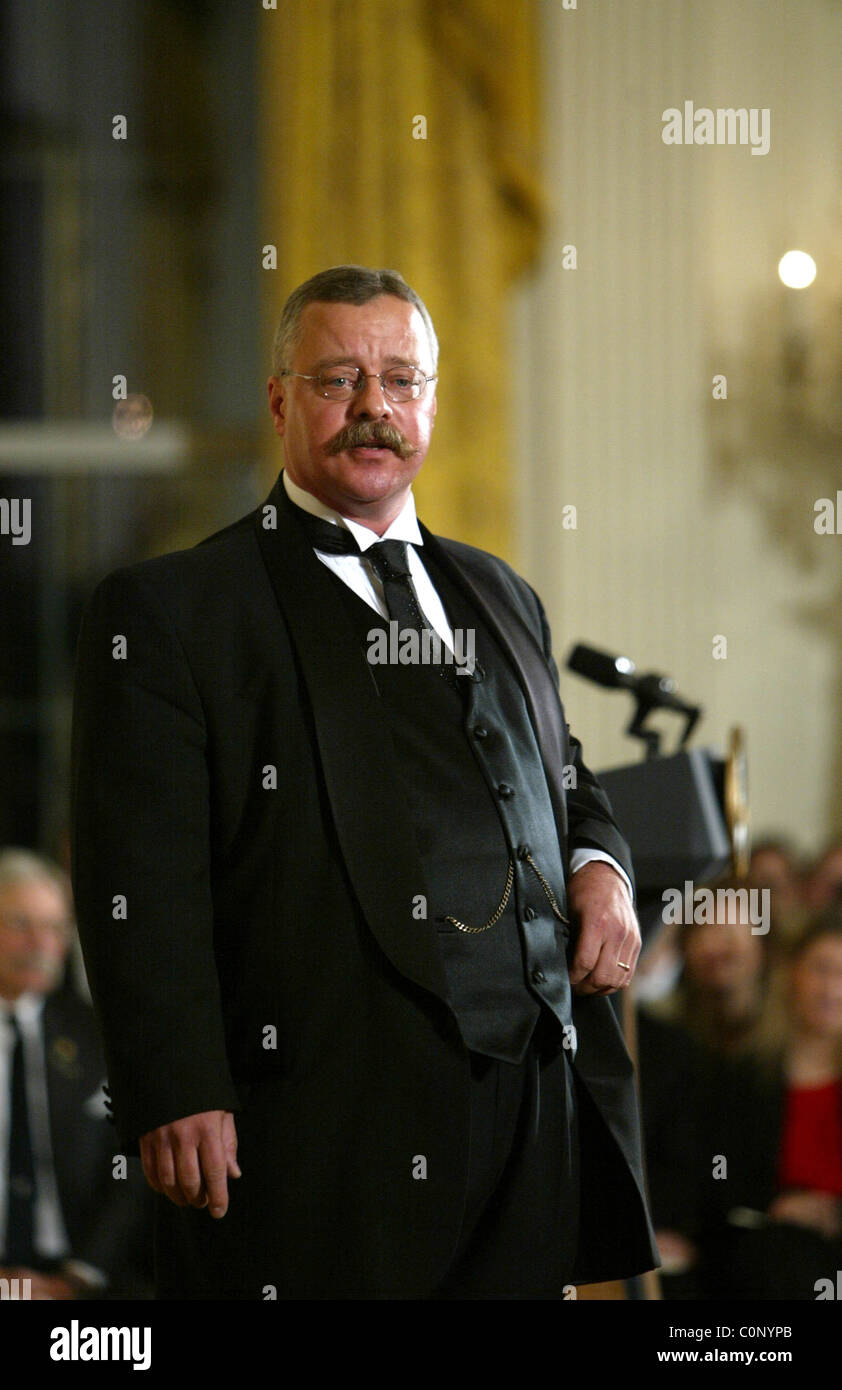 President Theodore Roosevelt character actor speaks at a gathering in ...