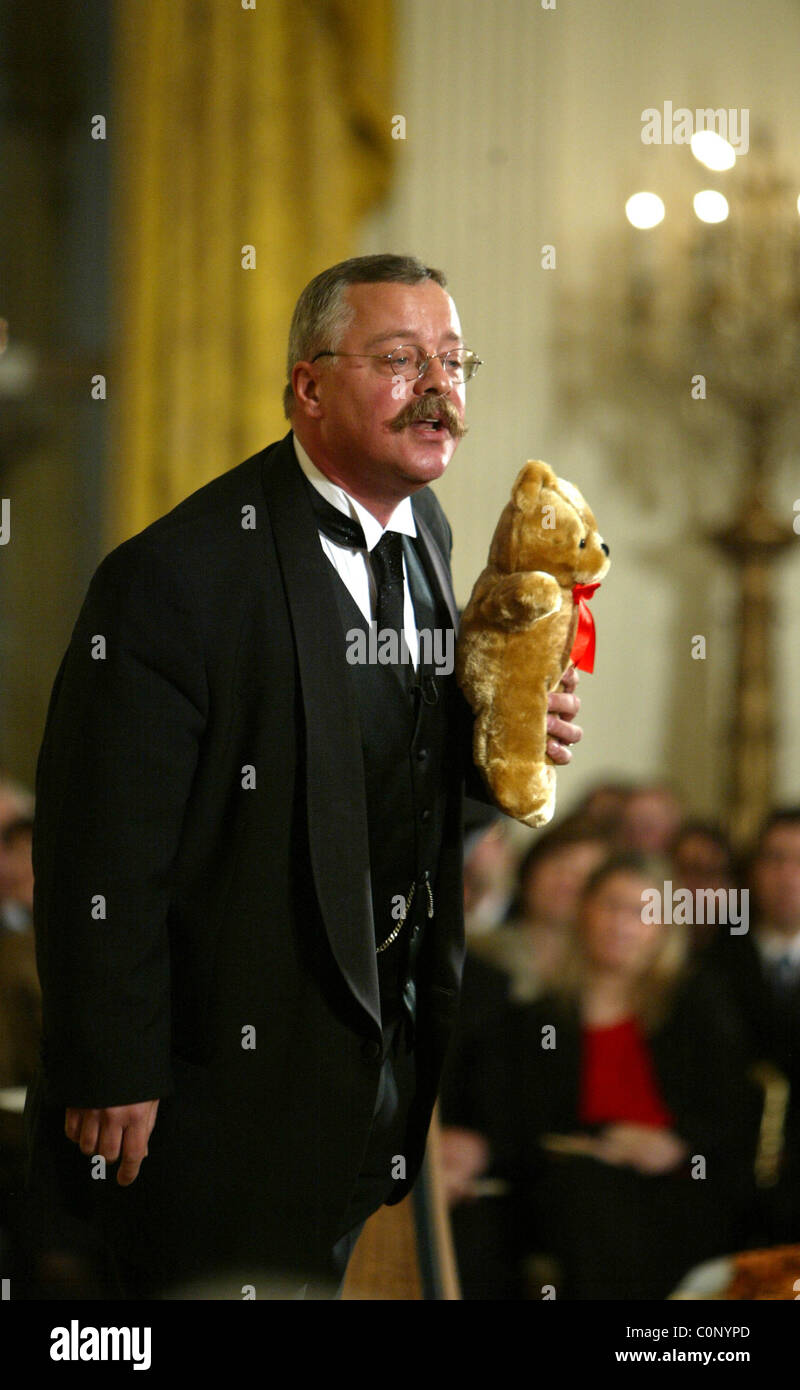 President Theodore Roosevelt character actor speaks at a gathering in ...