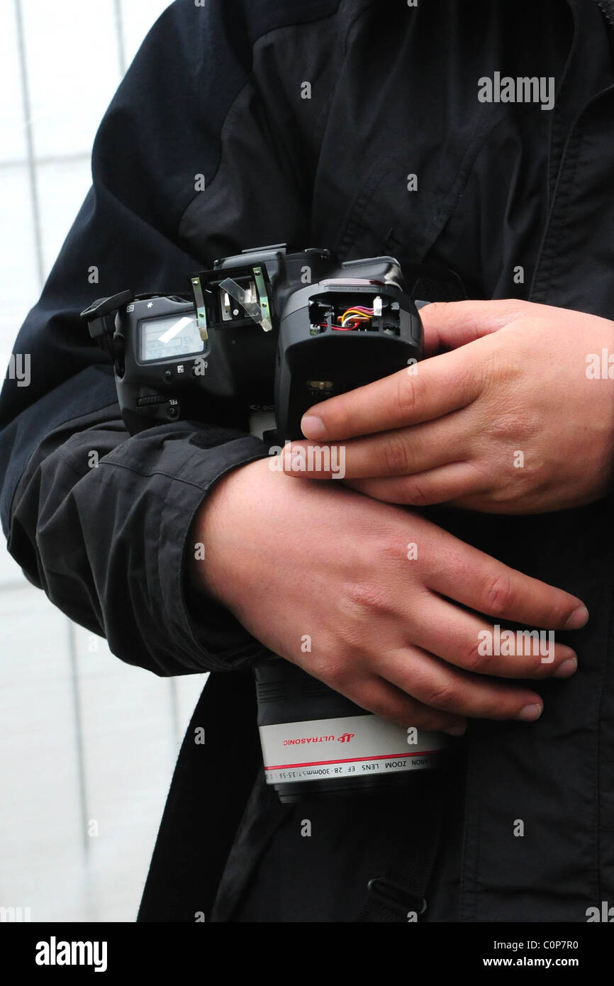 Broken camera after an attack by security guards at the set of ...