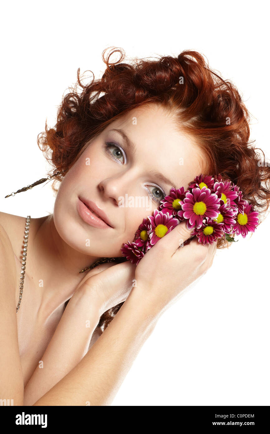 Portrait of a happy women with flowers Stock Photo - Alamy