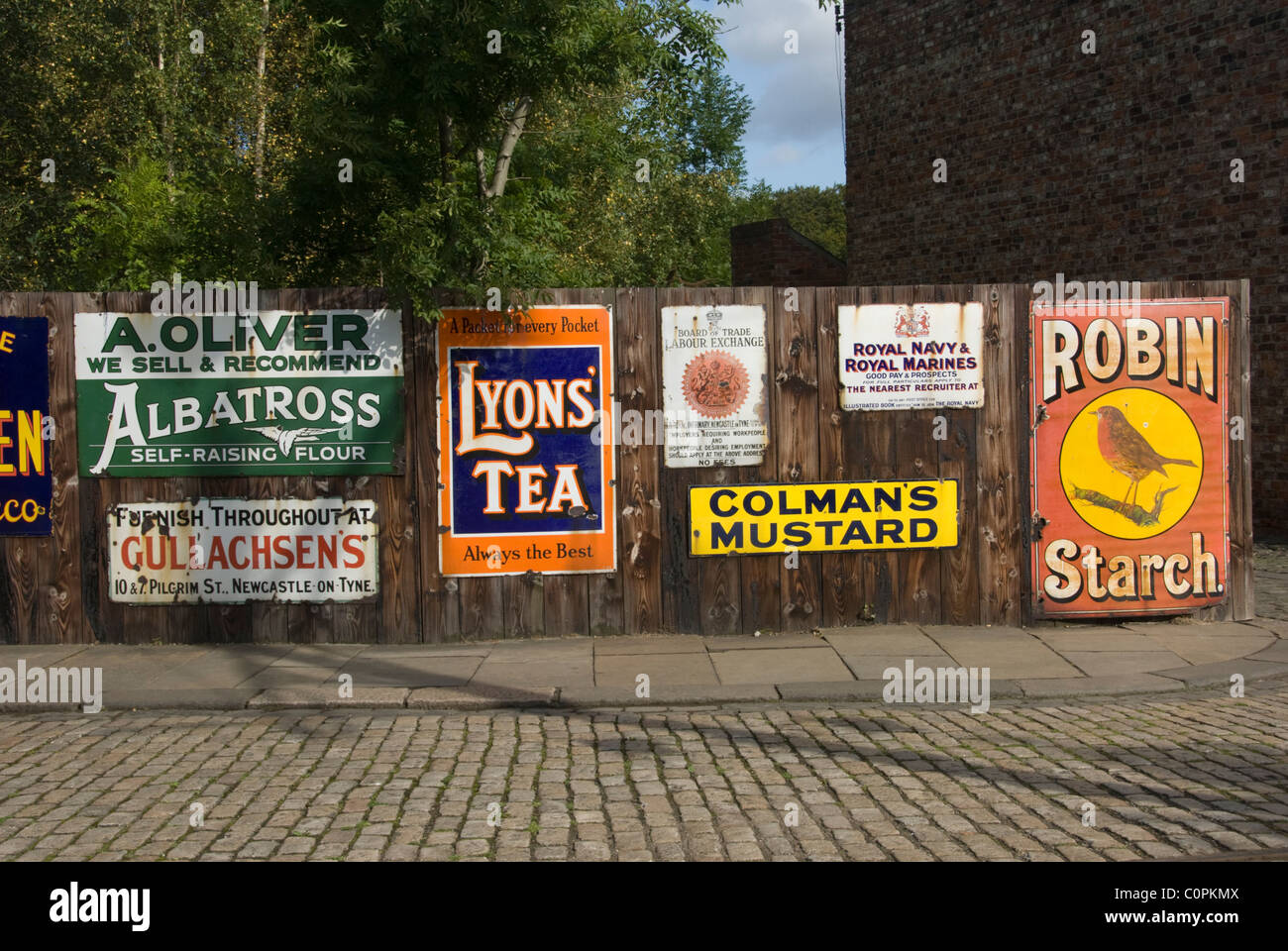 DURHAM; BEAMISH MUSEUM; ADVERTISING PLACARDS IN 1913 TOWN Stock Photo ...