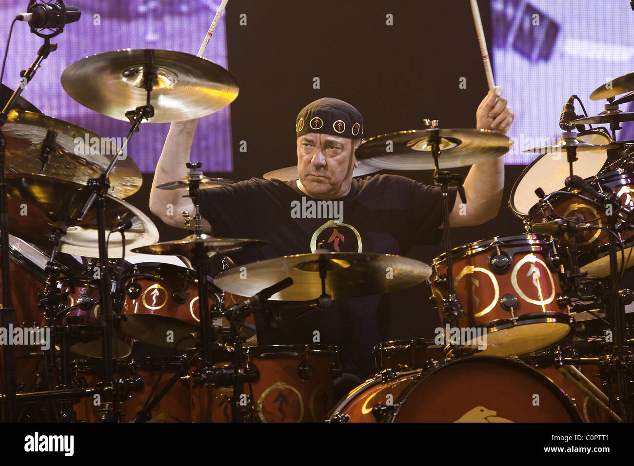 Neil Peart drummer of Rush during concert at the Nikon Jone's Beach ...