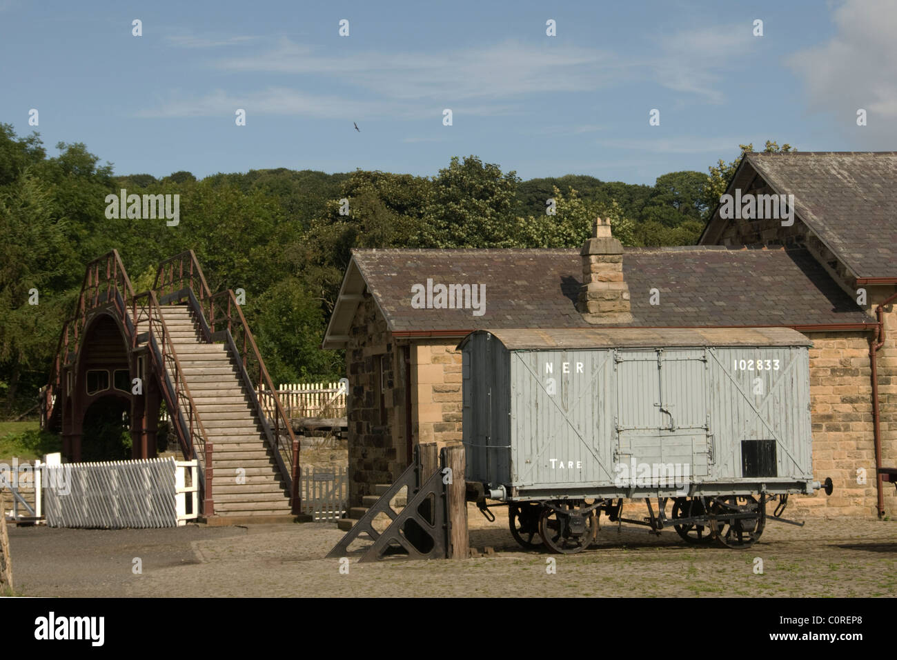 DURHAM; BEAMISH MUSEUM; BEAMISH STATION FOOTBRIDGE AND GOODS WAGON 1913 ...