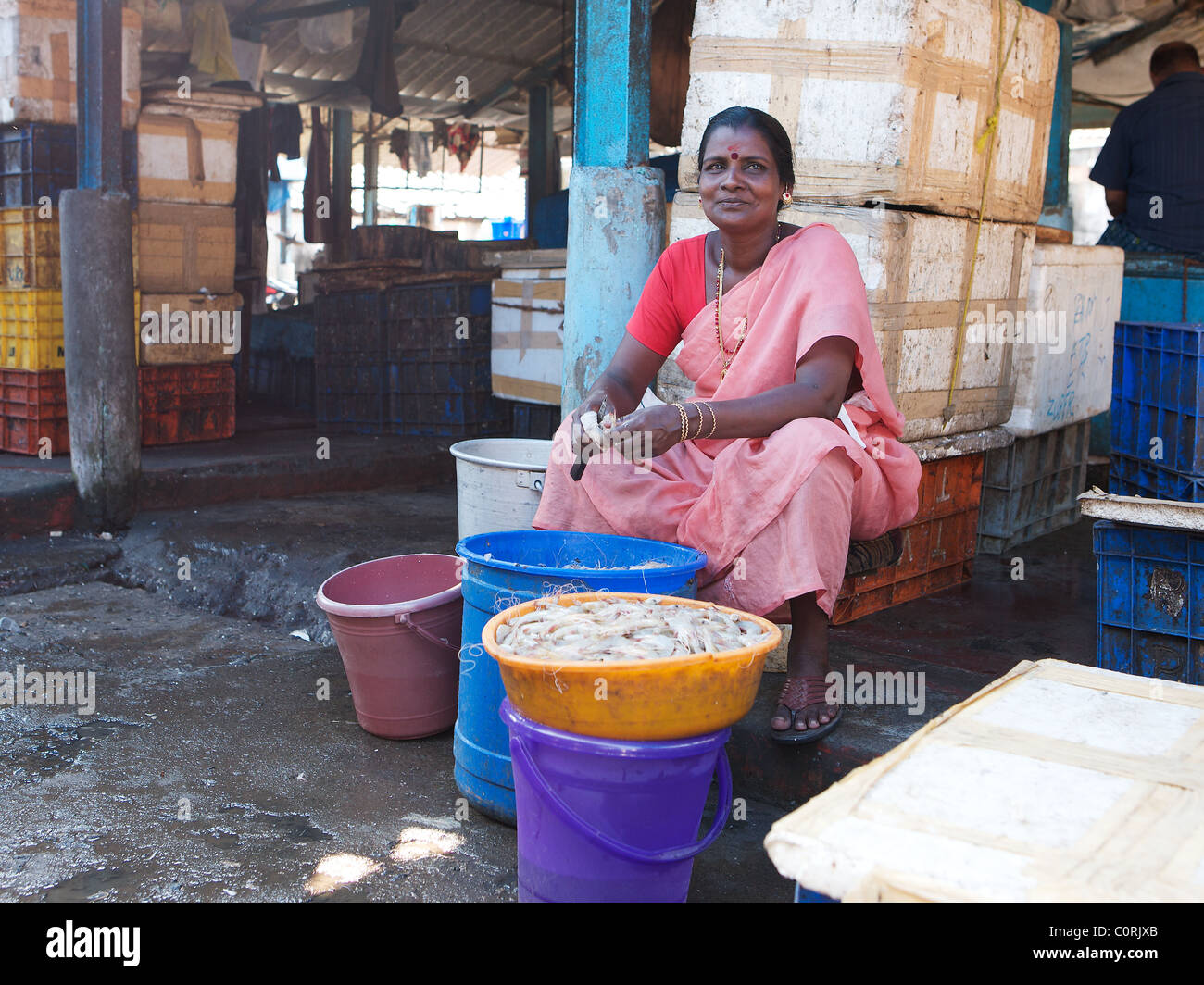 Keralite Woman Peeling Shrimps In Fort Cochin Market Kerala India
