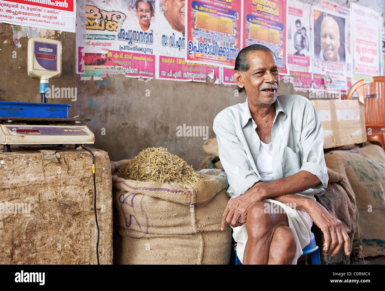 Dried shrimp seller in Fort Cochin market, Kerala, India Stock Photo ...