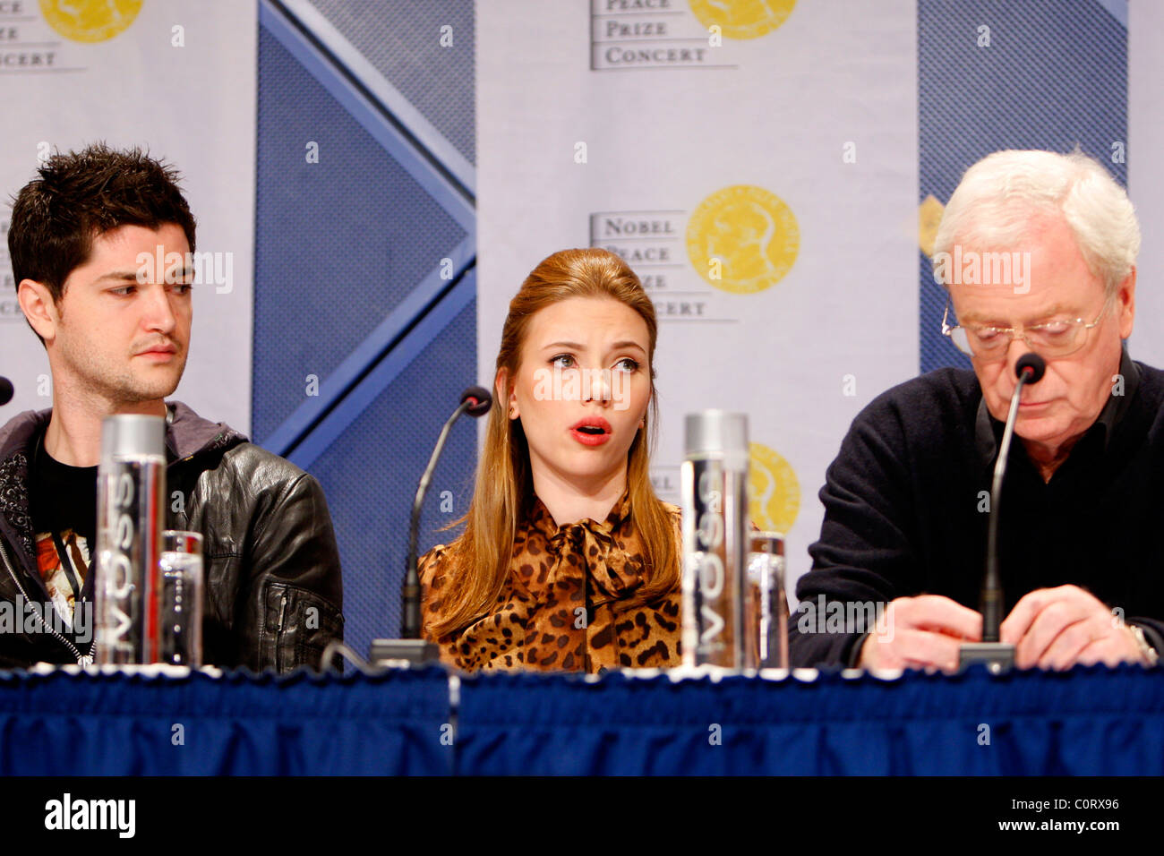Daniel O'Donaghue, Scarlett Johansson and Michael Caine attend a press ...