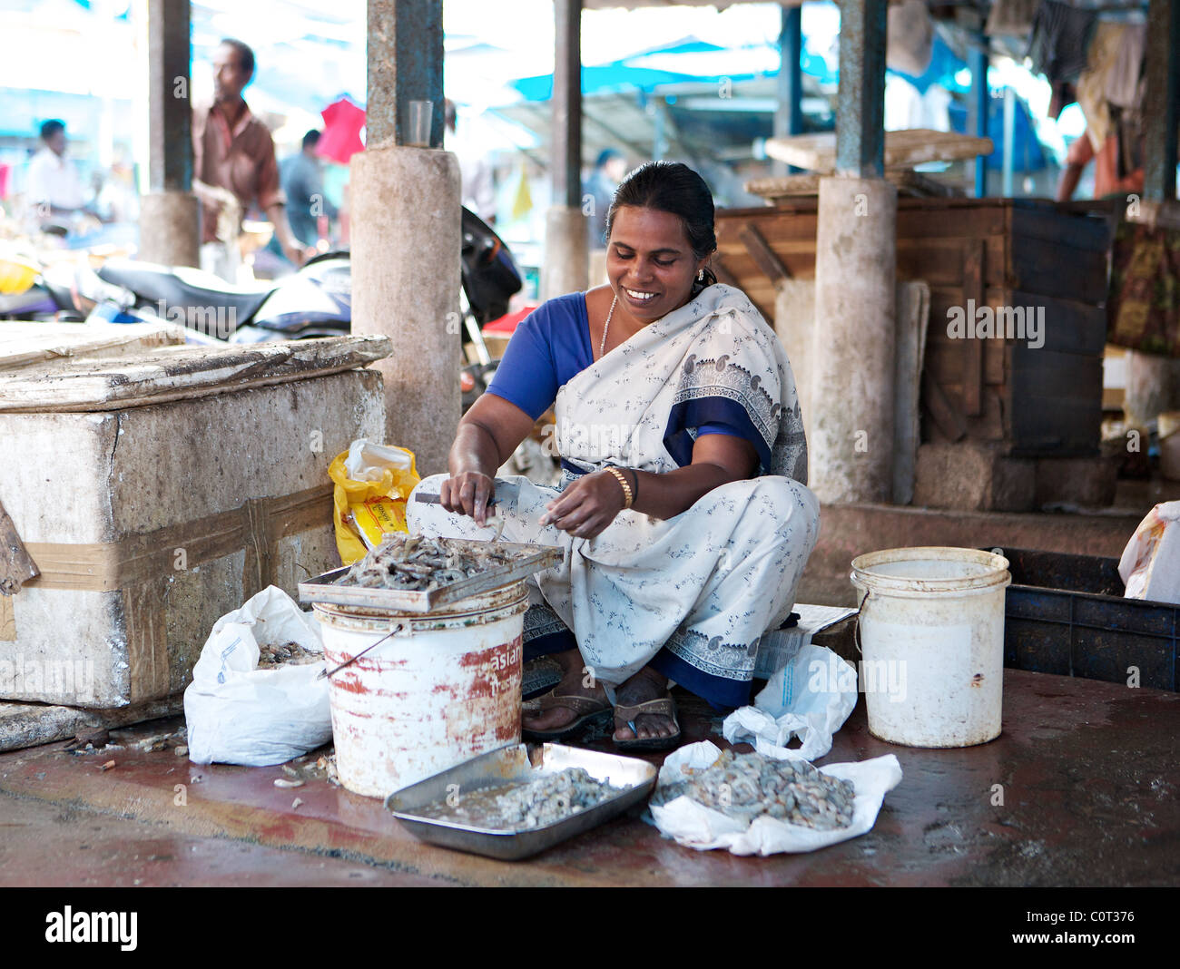 Keralite woman peeling shrimps in Fort Cochin market, Kerala, India ...