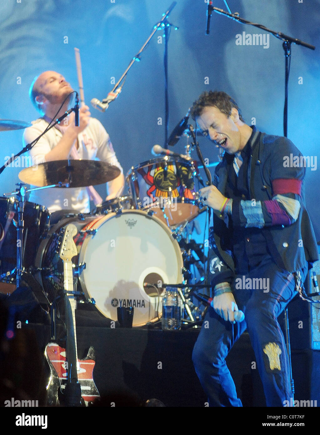 Chris Martin of Coldplay performing at the O2 Arena London, England ...