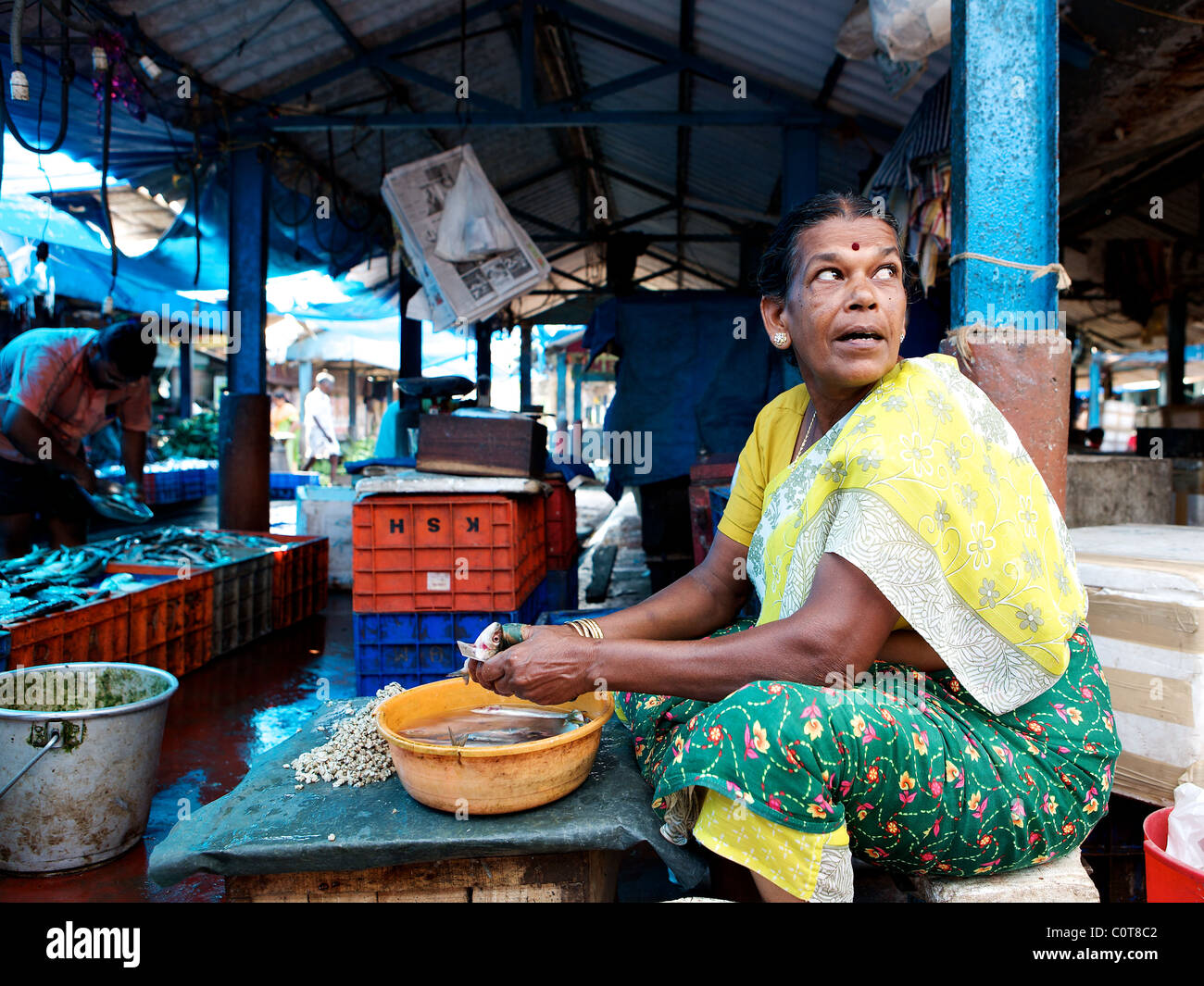 Fort Cochin market, Kerala, India; a woman prepares fresh fish Stock ...
