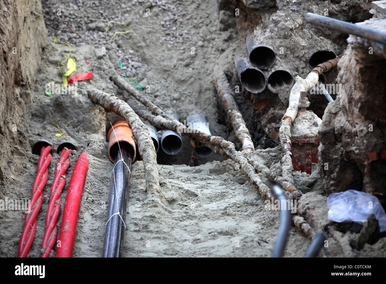 Different cables in a construction, cable trench. Cable for ...