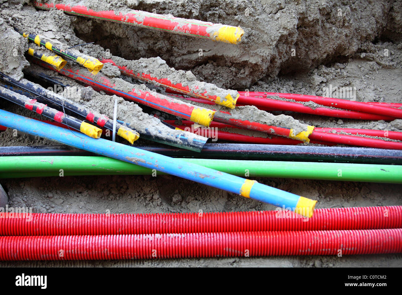 Different cables in a construction, cable trench. Cable for ...