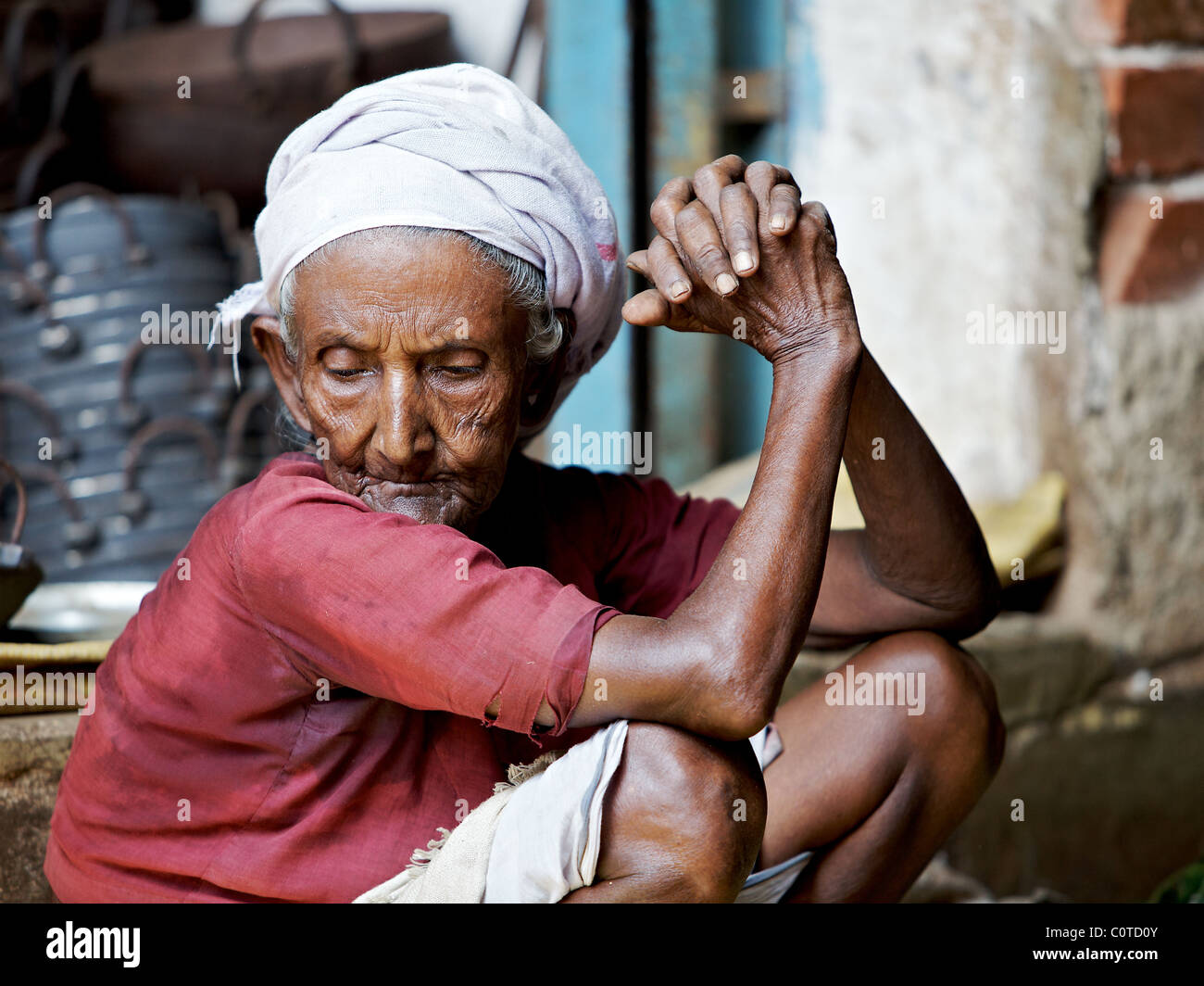 Portrait Of Old Keralite Woman Fort Cochin Market Kerala India Stock