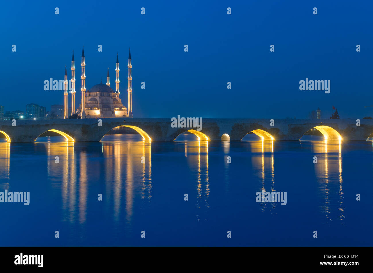 Sabanci Mosque and Old Roman Tas(stone)Bridge at night on Seyhan River ...