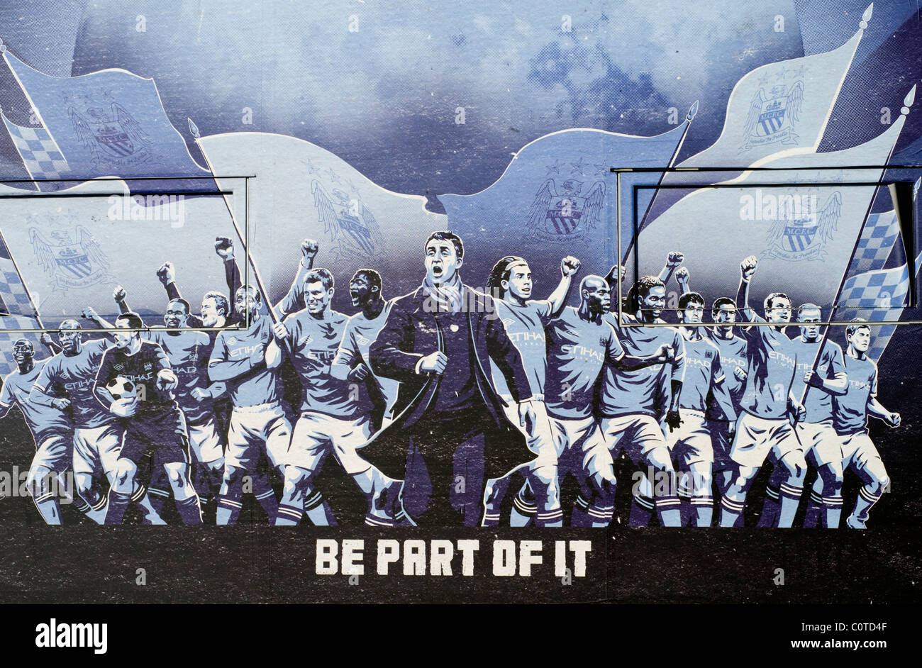 A large artwork on an exterior wall at Manchester City's Etihad ...