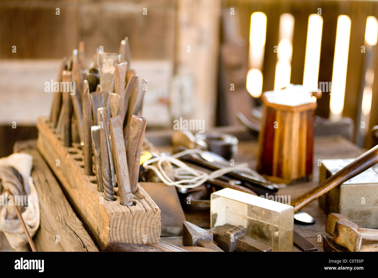 Blacksmith tools including various chisels and hammer Stock Photo - Alamy