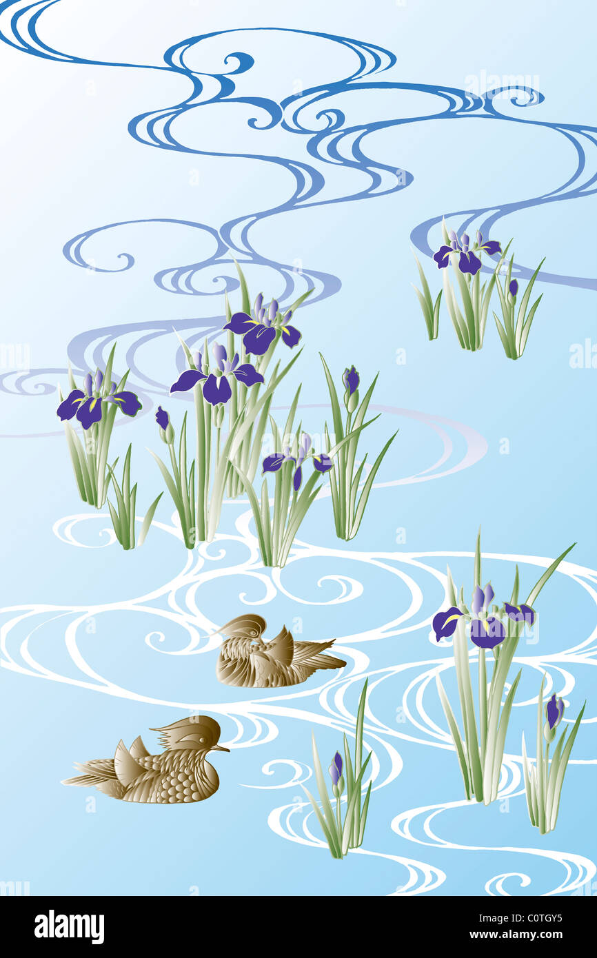 CG of Japanese Painting, Iris and Mandarin Duck Stock Photo - Alamy