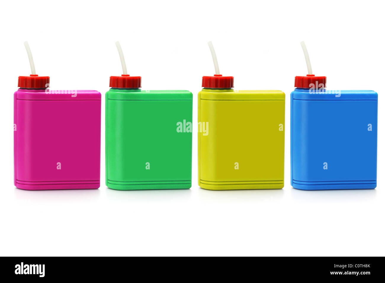 Colorful plastic water containers on white background Stock Photo - Alamy