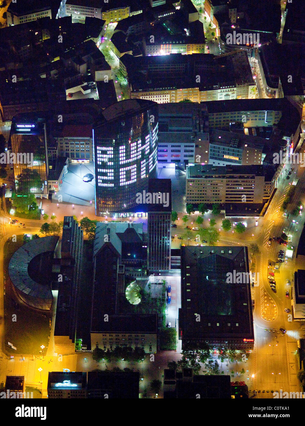 Aerial view, night shot, RWE-Tower with RUHR.2010 writing, Dortmund ...