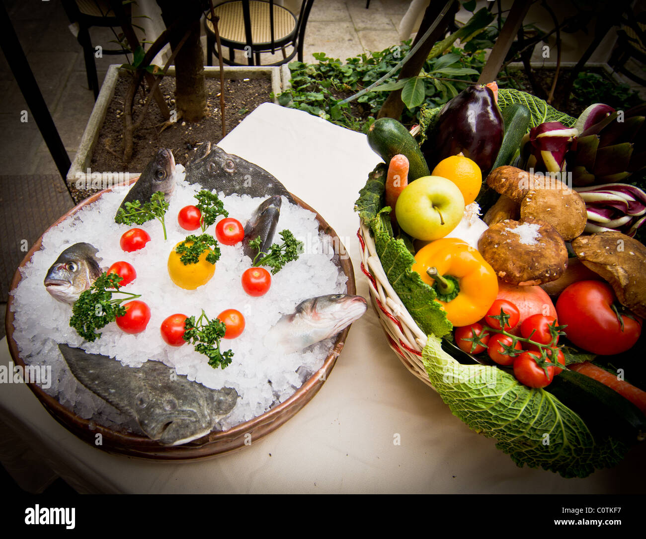 Fish & Veg display food ingredients menu restaurant Stock Photo - Alamy