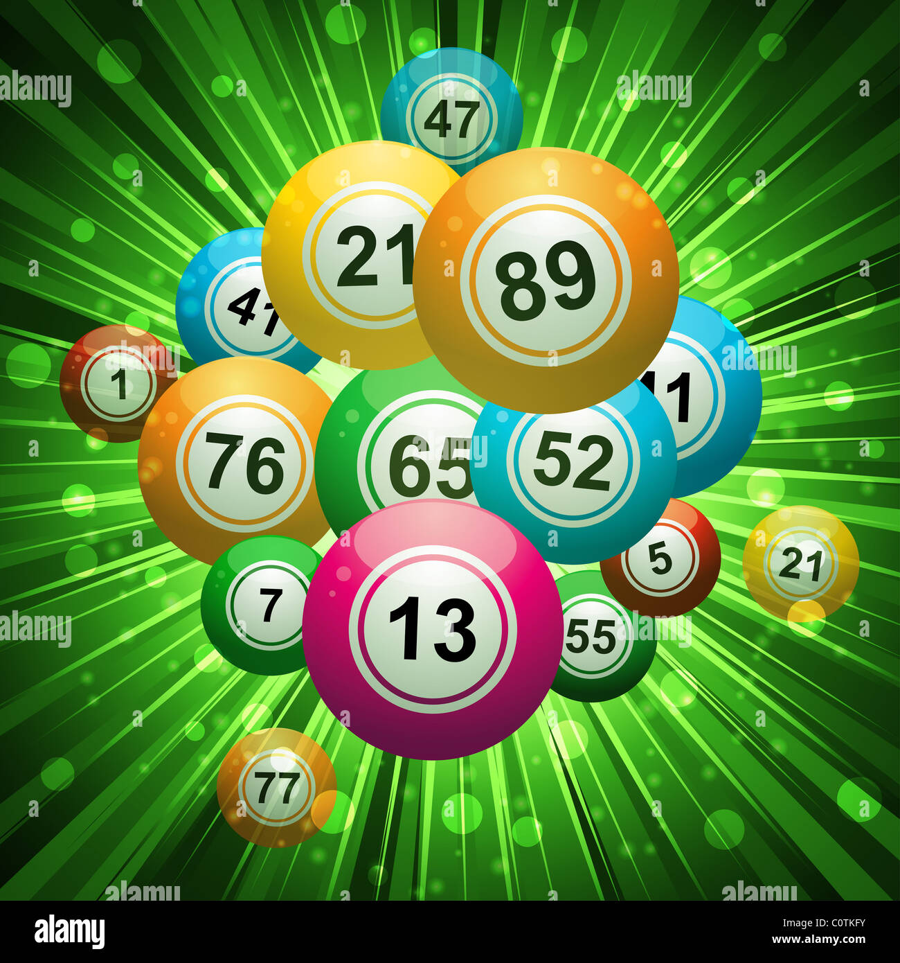 3D bingo balls on a green star burst background Stock Photo - Alamy
