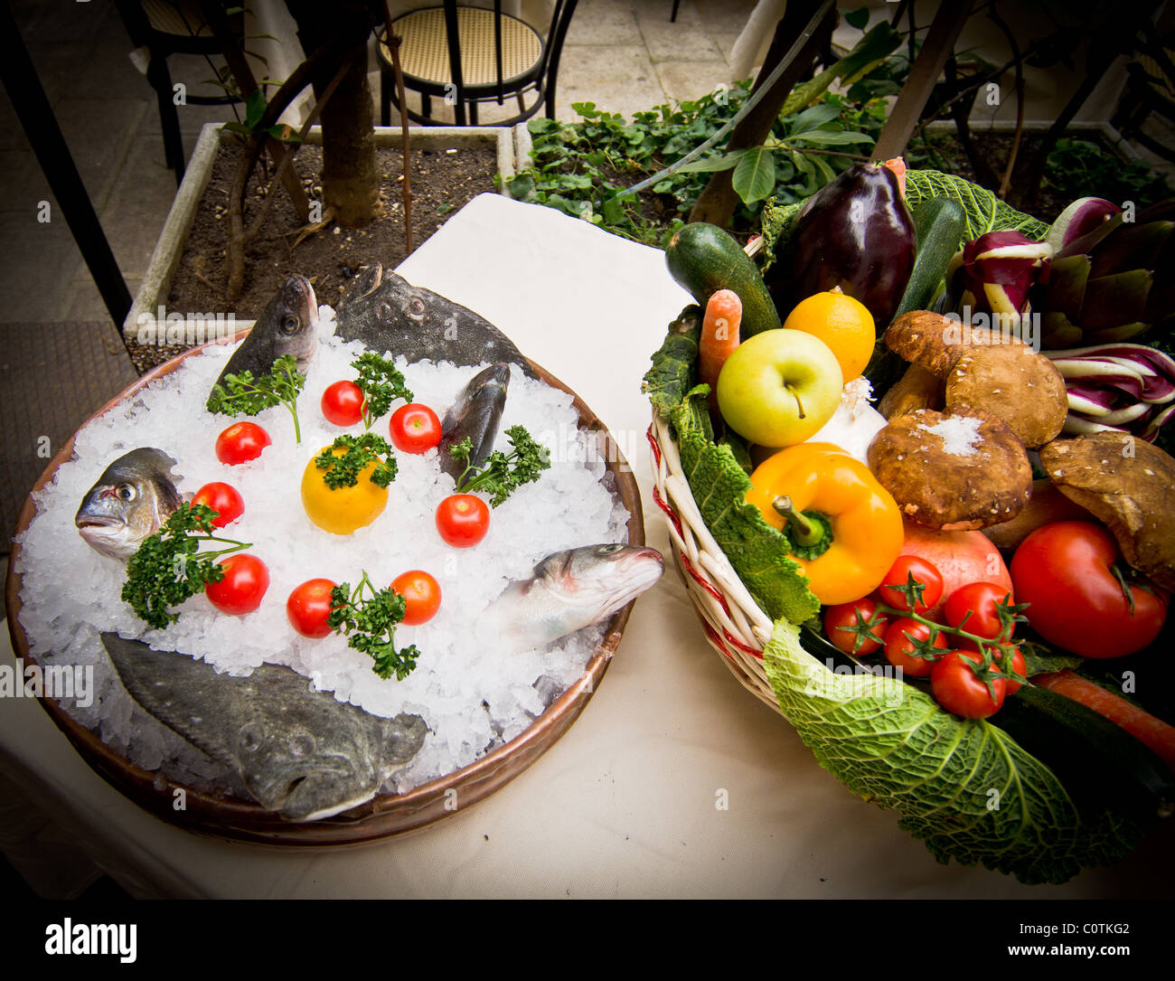 Fish & Veg display outside restaurant Stock Photo - Alamy
