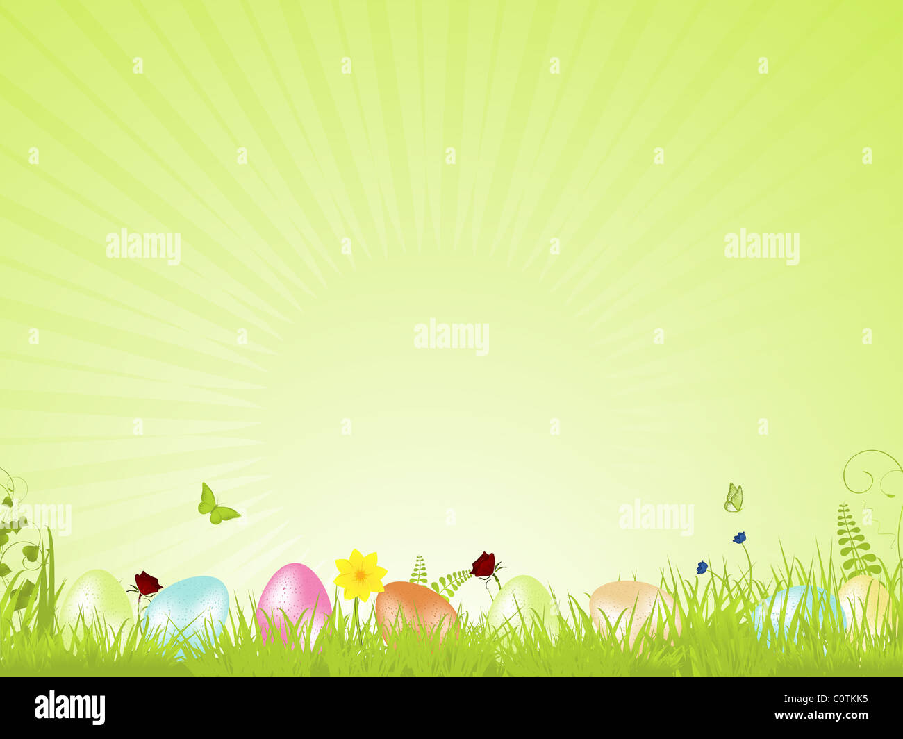 Speckled easter eggs on a spring background with tranquil green light ...
