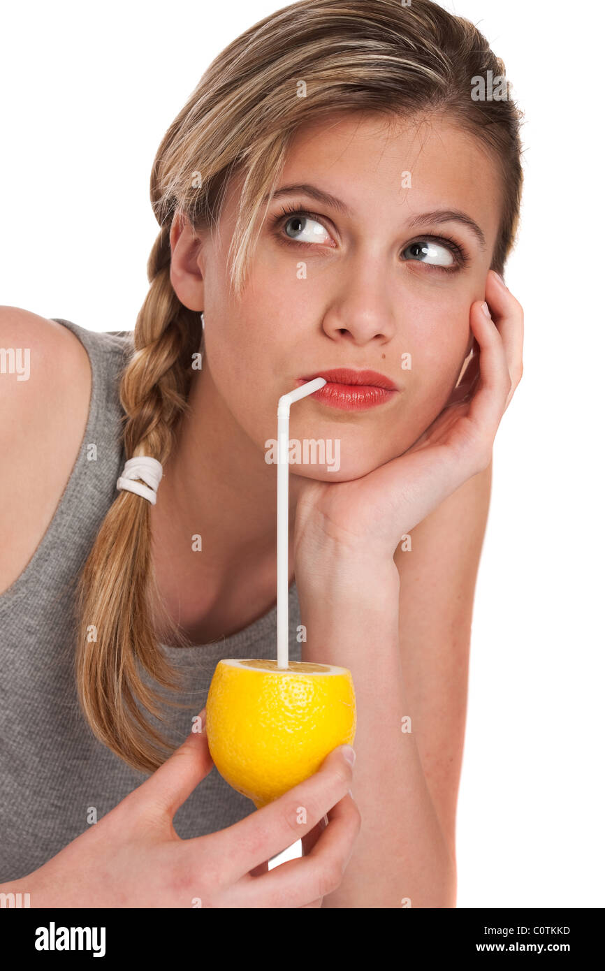 Woman with lemon with straw on white background Stock Photo - Alamy