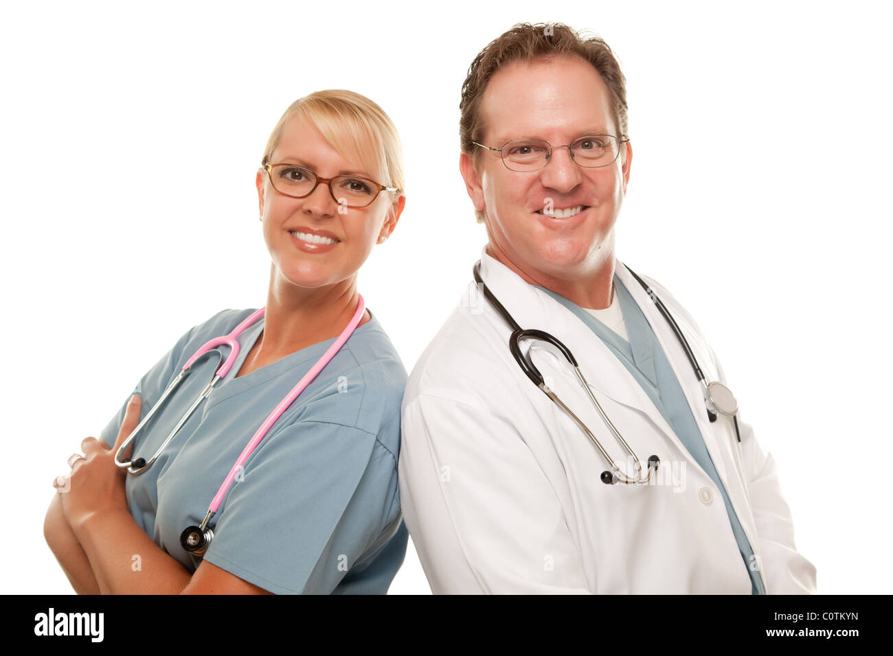 Smiling Male and Female Doctors Isolated on a White Background Stock ...