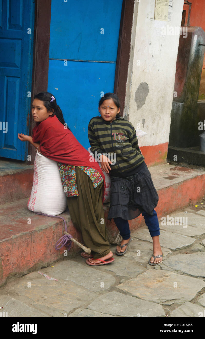 Nepali girls in the village of Bulbule along the Marsyangi River in the ...