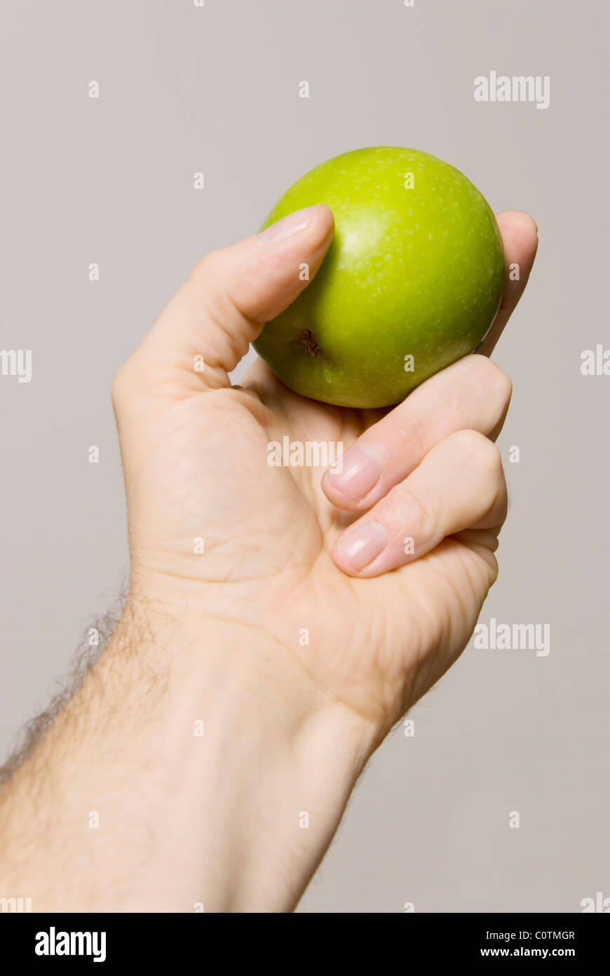 Green apple held by hand isolated on a gray/white/neutral background ...