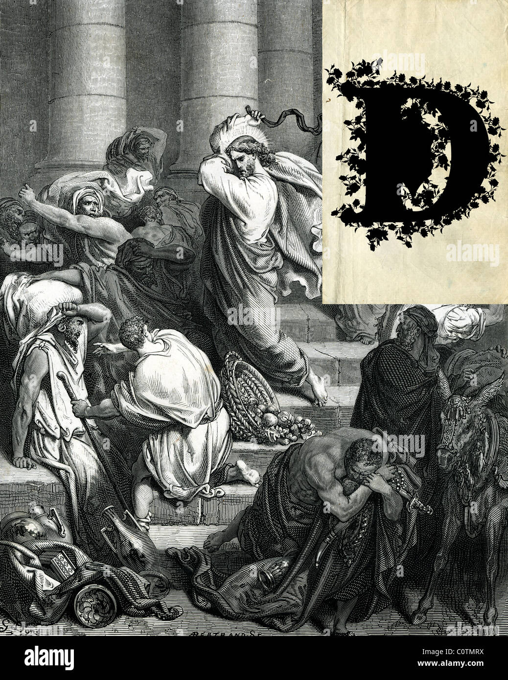 An initial letter D, with Christ Expelling the Traders from the Temple ...