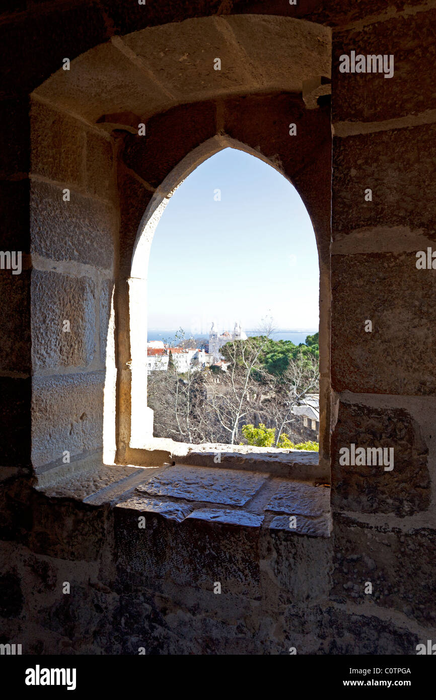 Gothic window of a watchtower of Sao Jorge (St. George) Castle in ...