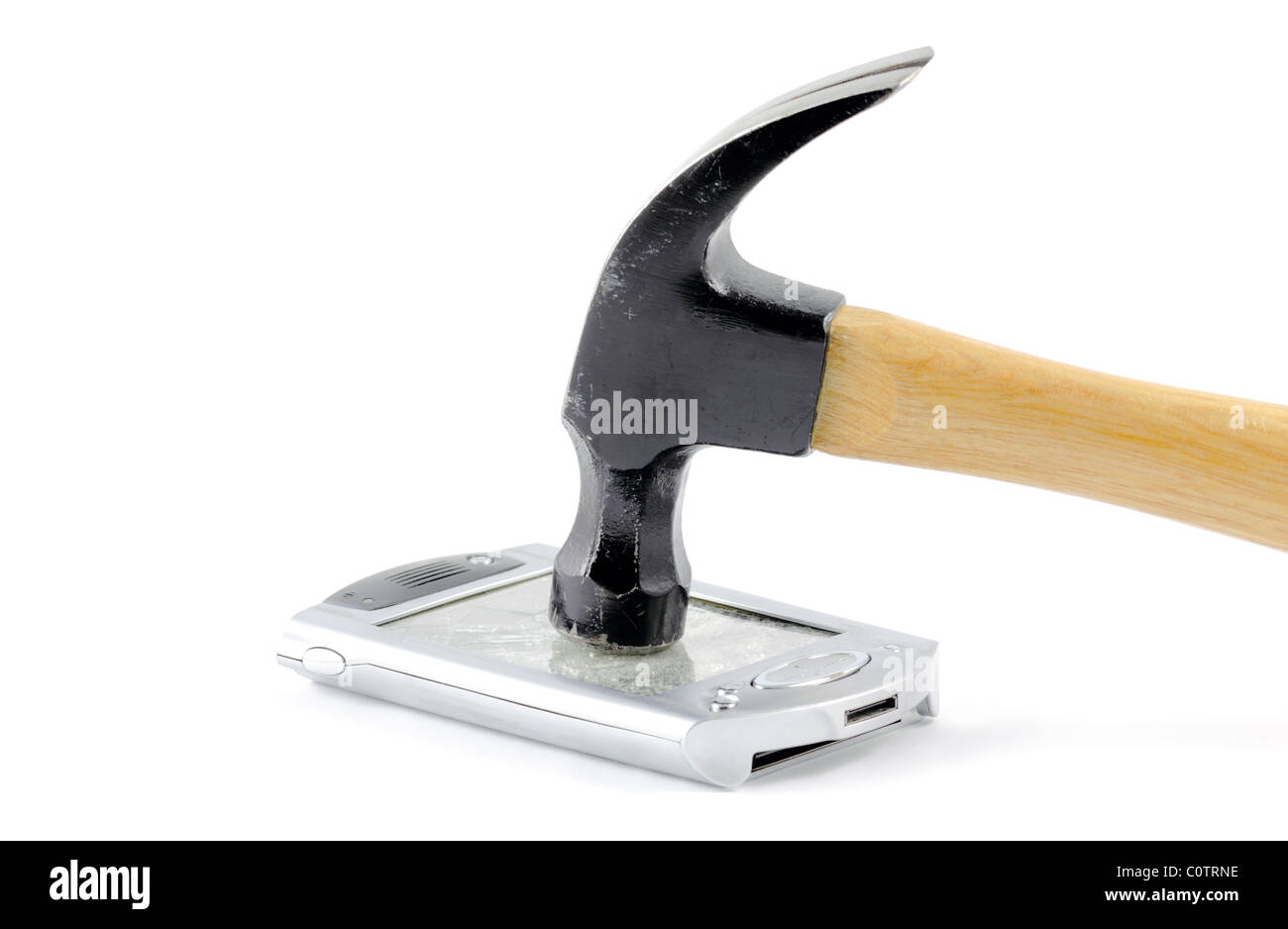 A hammer smashing the screen of a handheld electronic device, isolated ...