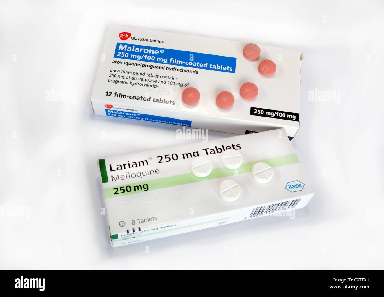 Malarone and Lariam (Mefloquine) antimalarial tablets Stock Photo - Alamy