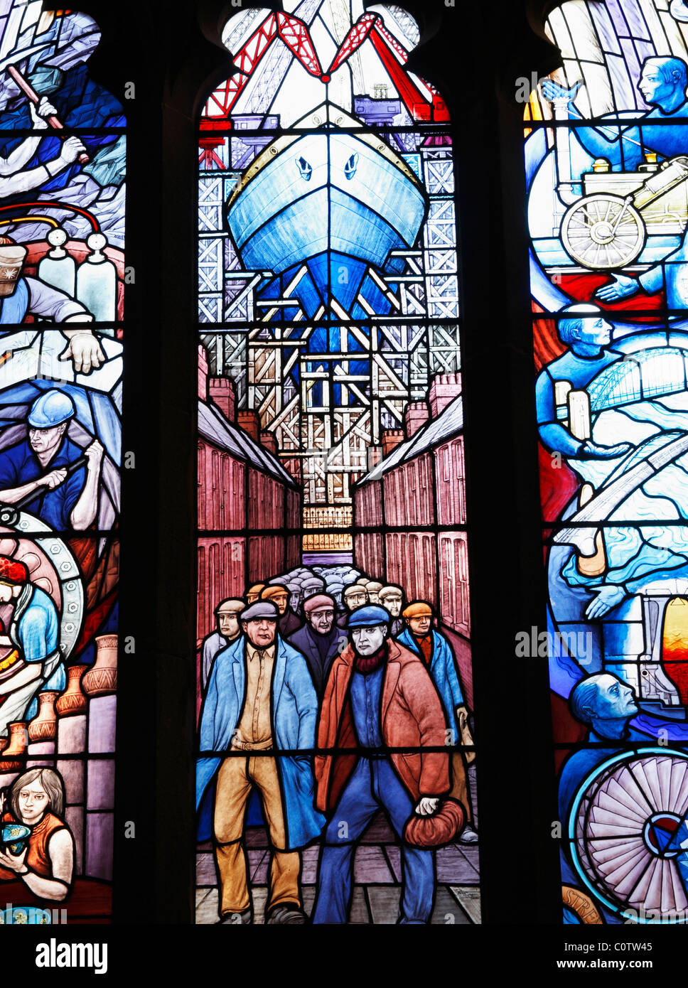 Stained glass window depicting local shipyard workers and industry in ...